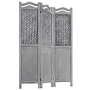 MyGift Vintage Gray Woven 3 Panel Room Divider Screen with Wooden Frame, Privacy Folding Screen Room Divider