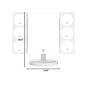 MIRRORVANA® X-Large Vanity Makeup Mirror with 44 LED Lights, 3 Color Lighting Modes, 10X 5X 3X Magnifying Panels, Dual Power Supply, 360° Rotation and Touch Screen Dimmer Switch on HD Glass (White)