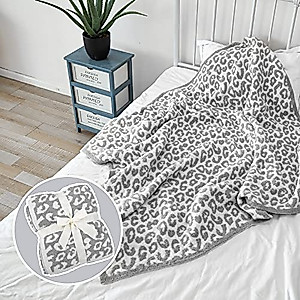 Throw Blanket Soft Fuzzy Fluffy Leopard Knit Throw Blanket, Cozy Plush Fleece Comfy Microfiber Cheetah Blanket for Couch Sofa Bed, Stone/Cream