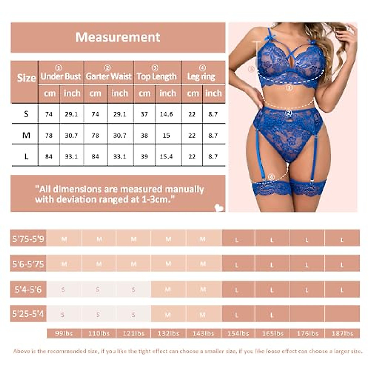 NEWEVEN Women's Lace Garter Lingerie 4 pcs Set with Teddy Babydoll Strappy Bra and Panty Set Garter Belt Leg Rings (No Stockings), Blue, L