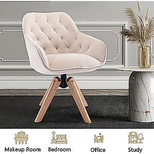 Gnrolaz Swivel Desk Chairs No Wheels,Cute Vanity Chair with Tufted Shell Back & Wood Legs,Comfortable Home Office Desk Chairs/Rolling Chair/Task Chair/Computer Chairfor Living Room,Bedroom,Makeup Room