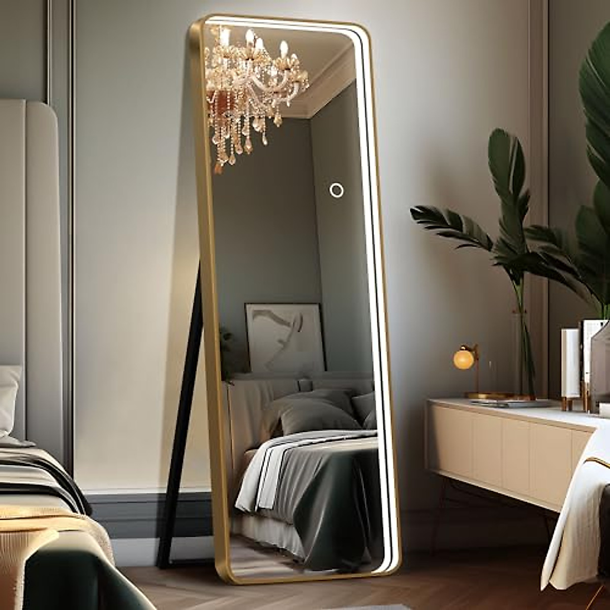 SDHYL Full Length Mirror with Lights, 64"x20" LED Mirror Full Length with Stand, Full Body Mirror with Touch Button and Plug, Dimmable Brightness Dressing Mirror for Living Room, Round Coner, Gold