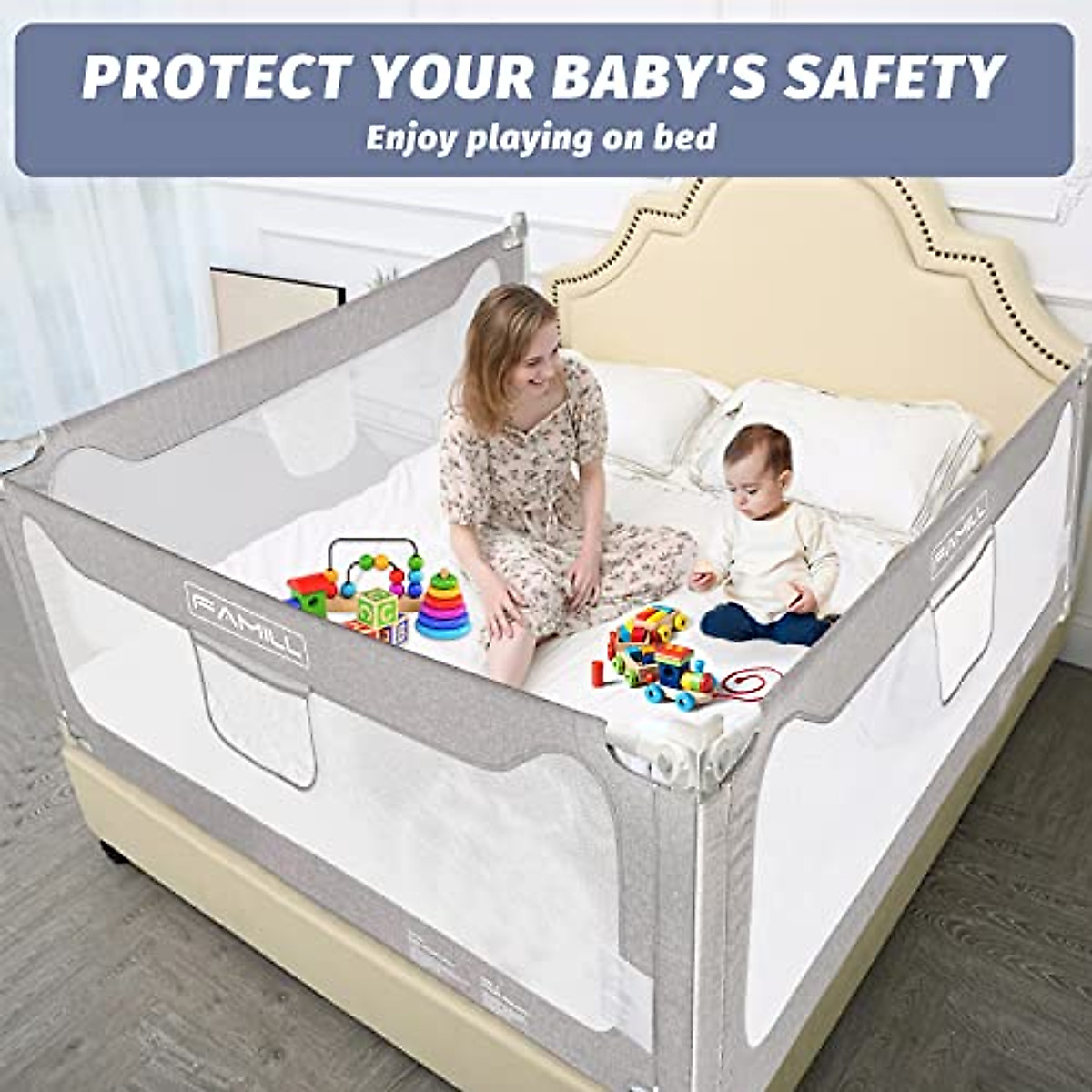FAMILL Upgrade Bed Guard Rail for Full Size Queen King Twin Bed for Toddlers and Baby (Grey,1 Piece, 78.7")