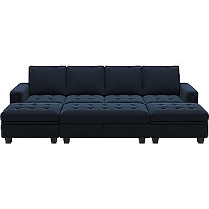 Belffin Velvet Convertible 4-Seat Sectional Sleeper Sofa with Reversible Chaise Sleeper Sectional Couch Bed with Storage Ottoman Sectional Sofa Couch Set Blue