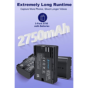 Artman 3-Pack 2750mAh LP-E6 LP-E6N Batteries and 3-Slot LCD Charger Compatible With Canon EOS R6 R5 R 90D 80D 70D 60D 60DA 6D 6D Mark II 5D Mark II/III/IV 5DS 5DS R 7D 7D Mark II XC15 XC10 BMPCC 4K/6K