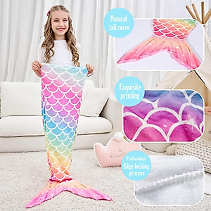 WERNNSAI Mermaid Tail Blanket - Plush Mermaid Wearable Blanket for Girls Teens All Seasons Soft Flannel Snuggle Blanket little Mermaid Scale Sleeping Bag 55" x 24" (Rainbow)