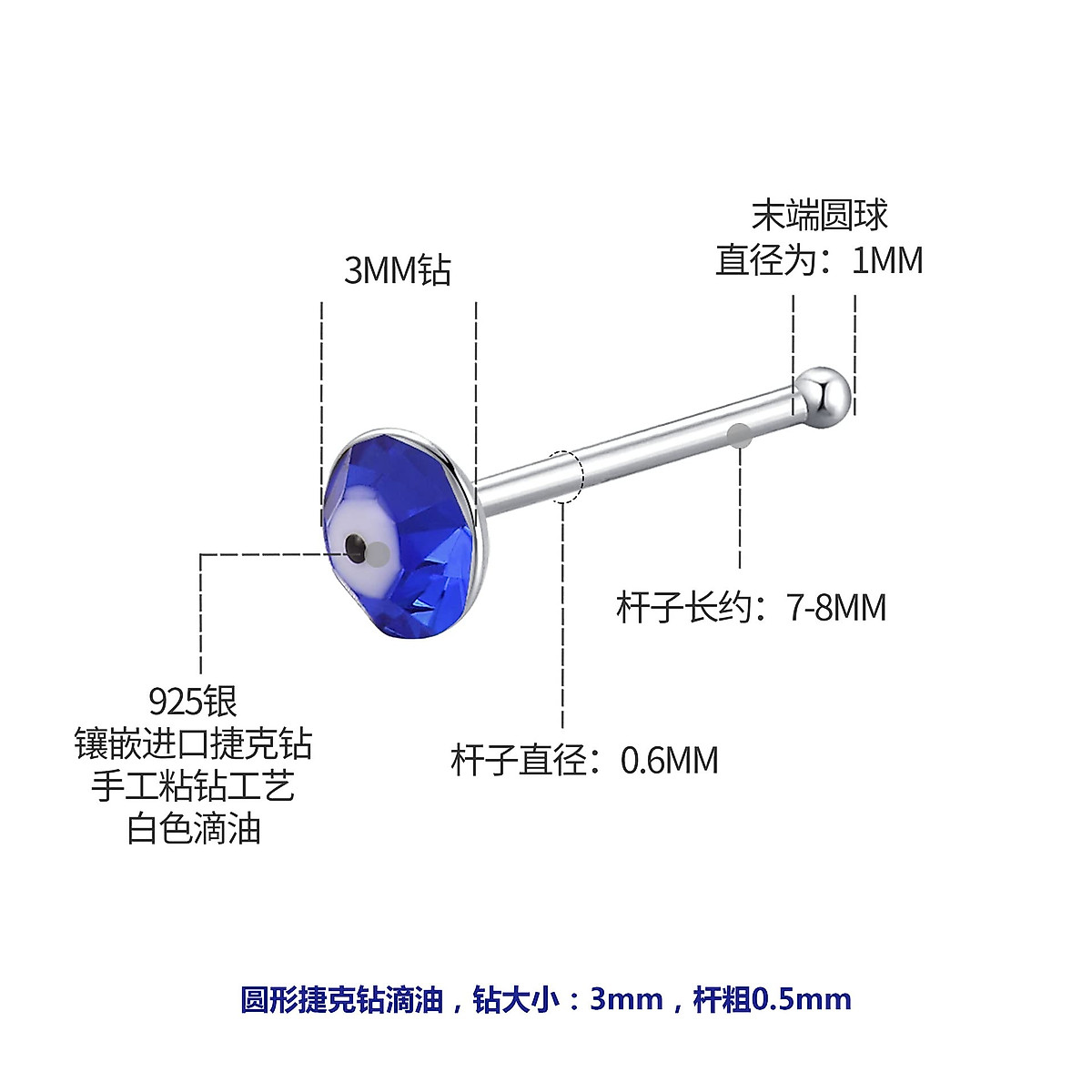 925 Sterling Silver Hypoallergenic 3MM Turkish Blue Eye Fake Nose Stud lnlaid Crystal Rhinestone Cubic Zirconia Evil Eyes Mal de Ojo Piercing Nose Rings Body Jewelry for Women Men-A 2Pcs