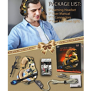 Camo Gaming Headset for PS4 Xbox One PC, Pro Camouflage Over Ear Gaming Headphones Noise Canceling Mic Stereo Bass Surround Sound for Nintendo MAC Laptop,Gun Keychain Gift for Teenager (camo)