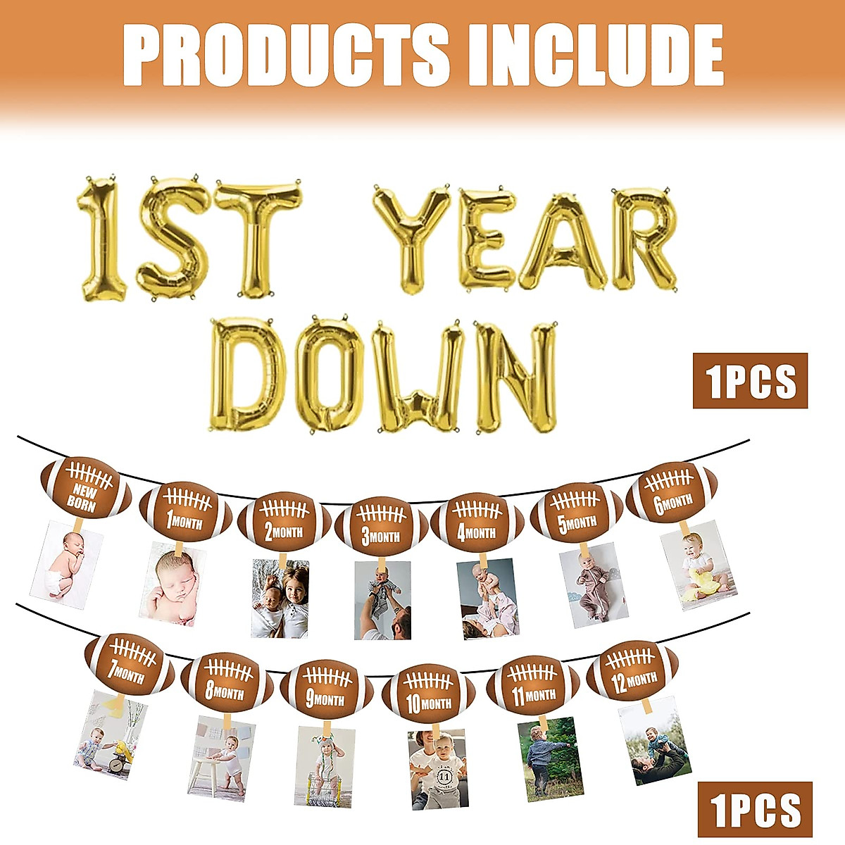 Football 1st Birthday Monthly Photo Banner Football Theme First Year Photo Banner for Newborn to 12 Months, First Year Down Banner With Football Balloon, Football First Birthday Party Decoration