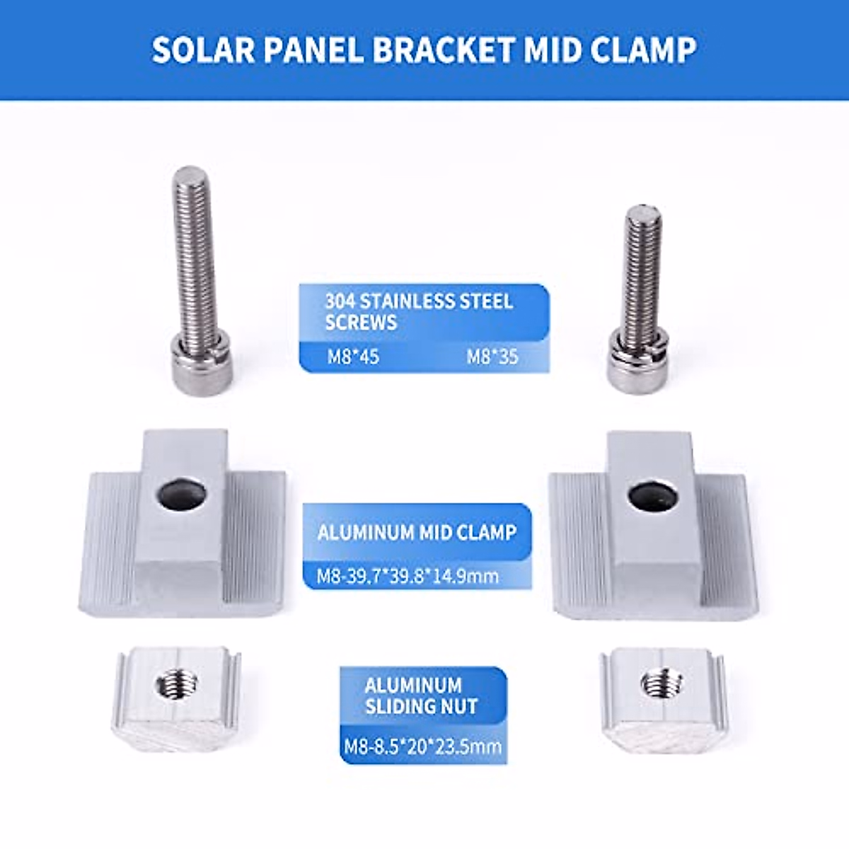 Solar Panel Mid Clamps Panel with Hex Socket Head Cap Bolts Spring Washer and Slider Nut Solar Mid Clamp for Solar Panel Mounting,4 Sets