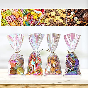 QTOP Cellophane Treat Bags,Iridescent Holographic Goodie Bags, Clear Cello Bags with Twist Ties for Birthday Party Favors, Valentines, Easter, Weddings