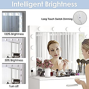 Titoni Vanity Table Set with Lighted Mirror - Makeup Vanity with Lights, Adjustable Brightness, Large Drawer Sturdy Wood Vanity, White 80x40x140cm