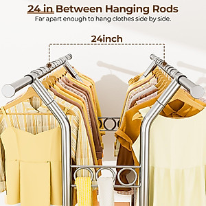 HYSEYY Heavy Duty Clothes Rack, Rolling Clothing Rack With Shelves Load 620 LBS, Double Rod Clothing Racks for Hanging Clothes, Portable& Adjustable Clothes Rack with Wheels Garment Rack