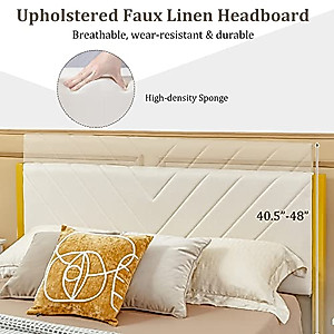 Giantex Full Size Upholstered Bed Frame, Wooden Slatted Bed with Adjustable Headboard & 4 Storage Drawers, Deluxe Platform Bed Frame with 1300 LBS Weight Capacity, No Box Spring Needed, Gold&Beige