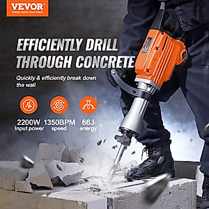 VEVOR Demolition Jack Hammer, MAX 2200W Electric Jackhammer Heavy Duty, 1350 BPM Concrete Breaker 6pcs Chisels Bit Chipping with Case