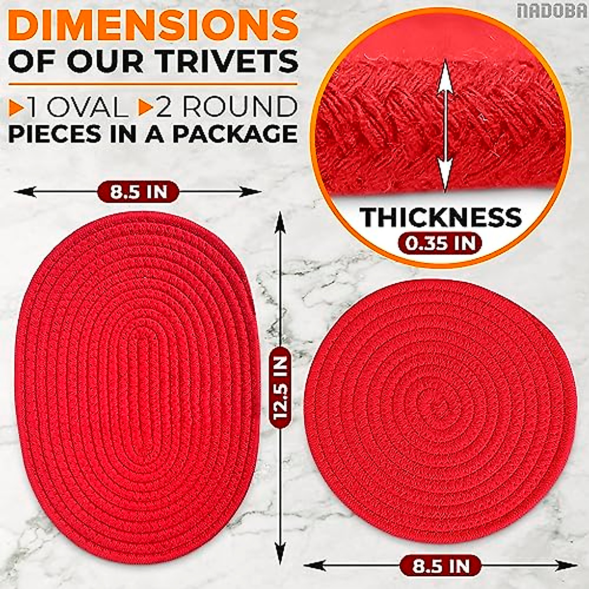 3Pcs Trivets for Hot Dishes - Red Instant Pot Trivet for Hot Pans Kitchen Decor Pot Mat, Woven Trivet Сotton Trivets for Kitchen Counter Protectors Heat Resistant Pads for Countertops