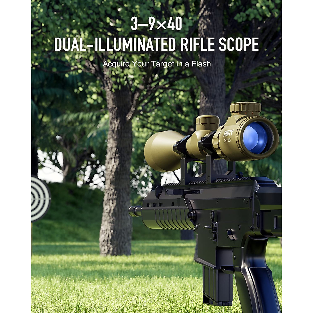 PINTY Rangefinder Rifle Scope, 3-9x40 Red Green Illuminated Shotgun Scope with 5 Brightness Levels Mount Rings for Picatinny Weaver Rail, Tactical Hunting Scope for Air Rifle Pellet Gun, Dark Earth