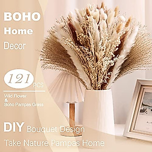 121pcs Dried Pampas Grass Decor, Boho Home Table Fall Decor Dried Flowers, White & Natural Pampas Grass, Reed Grass, Bunny Tails, 17 inch Pompass Grass for Wedding Home Decoration, Farmhouse Party