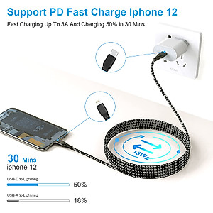 Super Long iPhone 12 Charger Cable 16Ft/5M USB-C to Lightning Cable Fast Charging iPhone Cable Nylon Lightning Cord for iPhone 12 11 Pro Max/X//8, Pad 8th 2020, AirPods Pro