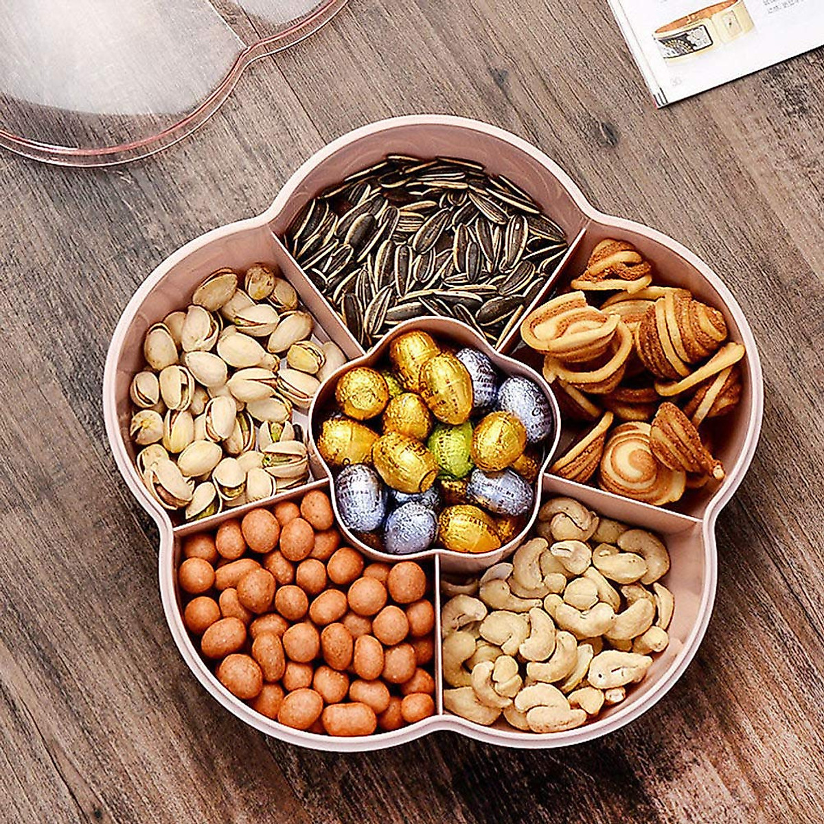 Cabilock Creative Flower Type Candy Box Plastic Snack Storage Tray Double-Layer Snacks Partition Manager Container Dried Fruit Plate for Home Wedding Christmas Party (Rose Red)