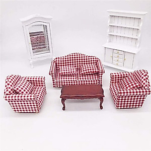 2 Sets 1:12 Scale DIY Dollhouse Sofa&Armchair with Pillow Mini Dolls House Furniture Couch&Chair Miniature Wooden Furniture Handmade Crafts Supplies Red Checkered Dollhouse Toy Dollhouse Accessories