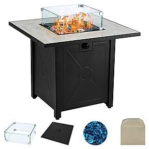 AVAWING Propane Fire Pit Table, 30 inch 50,000 BTU Square Gas Firepits w/Ceramic Tabletop with Waterproof Cover, Glass Wind Guard, Tempered Glass Beads, Protective Cover