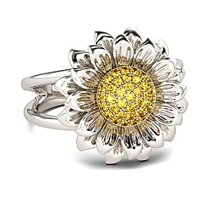 Jeulia s925 Sterling Silver Sunflower Rings Intertwined Ring Daisy Hawaiian Flower Rings for Women Halo Engagement Ring Set Bridal Anniversary with Jewelry Gift Box (Sunflower, 5.5)