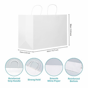 woric 120 PCS White Paper Bags with Handles, 16 x 6 x 12 inch Large Gift Bag Bulk Shopping Bags for Grocery Small Business Stocking Stuffers