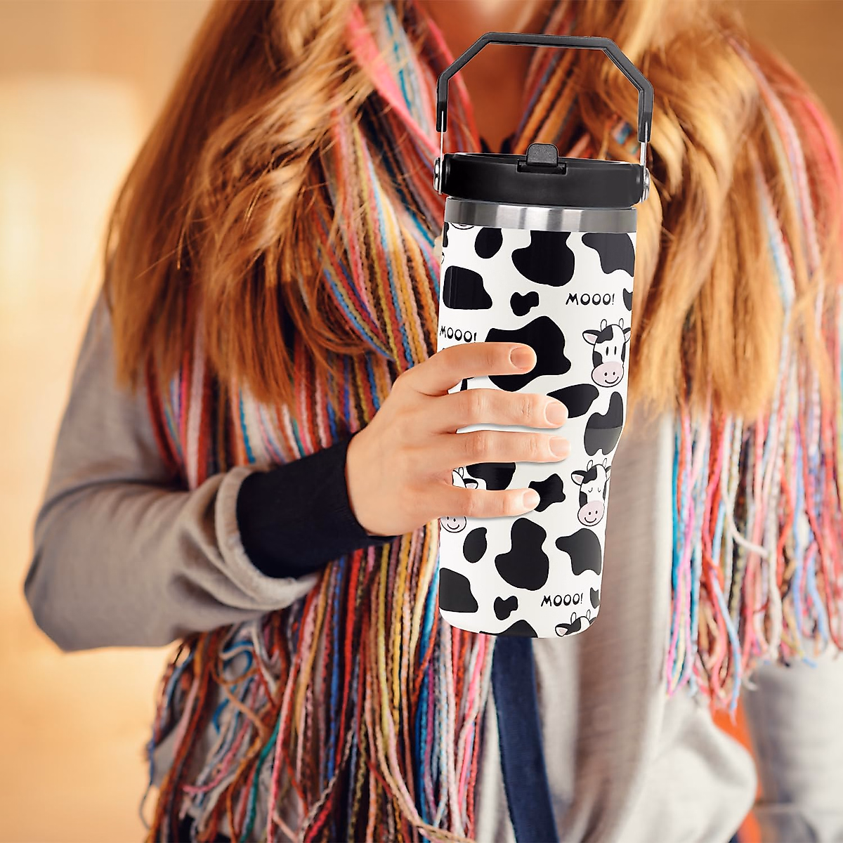 Cute Cow Tumbler with Handle and Straw, Stainless Steel Vacuum Insulated Flip Straw 30 oz Cow Tumbler Spill Proof Coffee Travel Mug Cow Gifts for Women