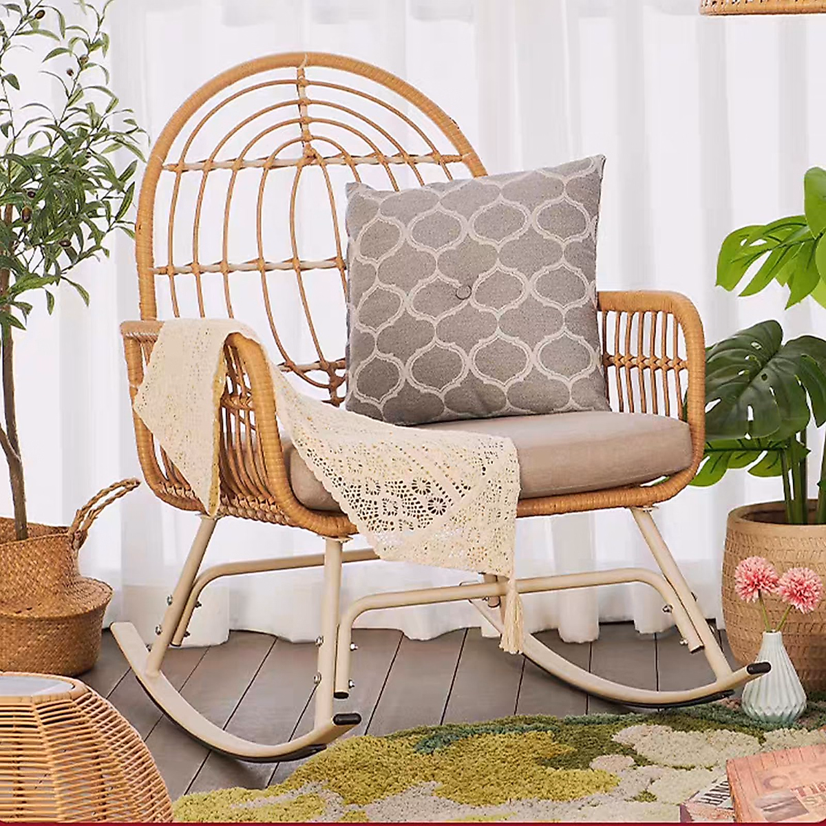 Patio Rattan Rocker Chair,Upholstered Nursing Armchair,Modern Rocking Chair with High Backrest,Nursery Rocking Chair,Comfy Side Chair,for Garden Backyard Porch(91*61.5*95cm/35.8*24.2*37.4in)