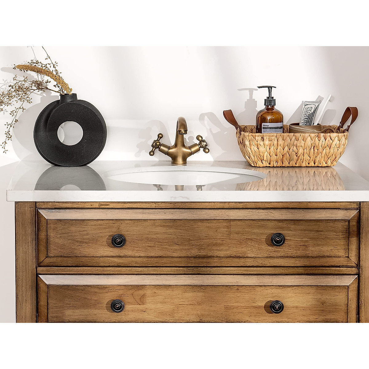 Labcosi Small Wicker Baskets for Organizing, Handwoven Toilet Paper Baskets for Toilet Tank, Water Hyacinth Bathroom Baskets with Faux Leather Handles, Baskets for Gift Empty, Set of 2