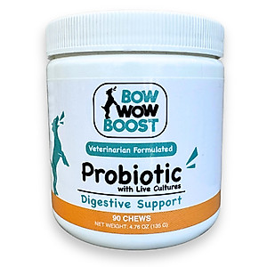 Bow Wow Boost: Dog Probiotic Treat Supplement with Live Cultures - Digestive Support - Premium Ingredients Created by Veterinarians - Soft Chews - All Ages Any Breed - 90 Count