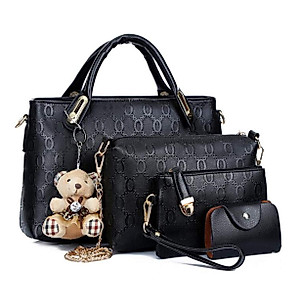 GJGJTER Women Synthetic PU Leather Tote Handbag Wallet 4pcs Set Clutch Purse Satchels with Bear Pendant-Black