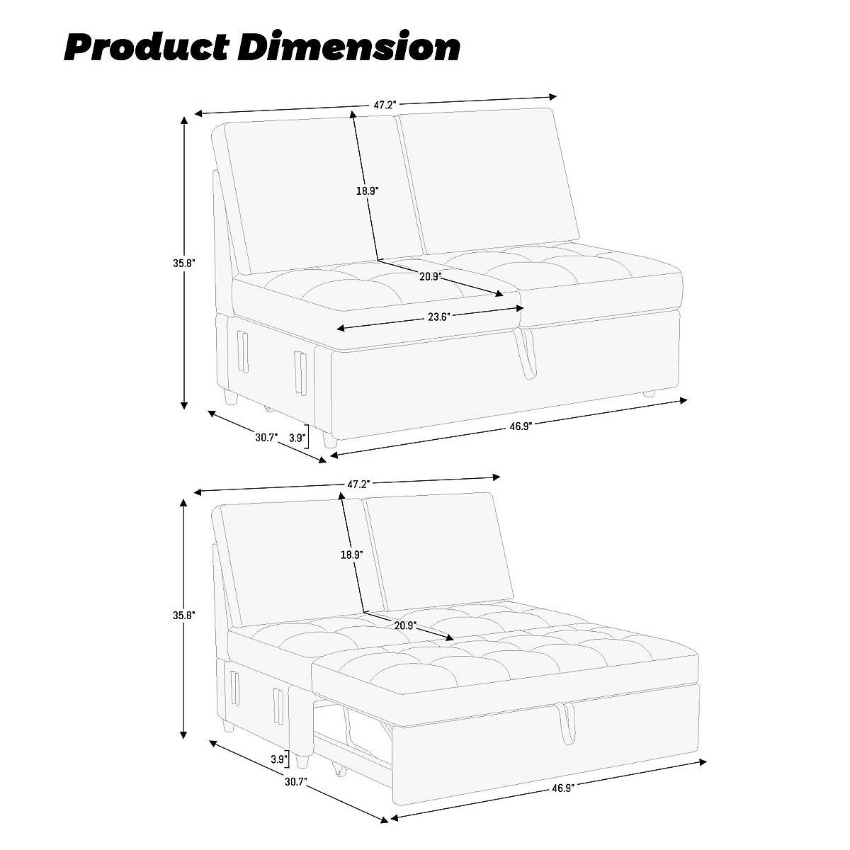 Belffin Pull Out Sofa Bed Module Part for Modular Sectional Sleeper Sofa Armless Loveseat with Pull Out Bed for Sectional Couch Grey