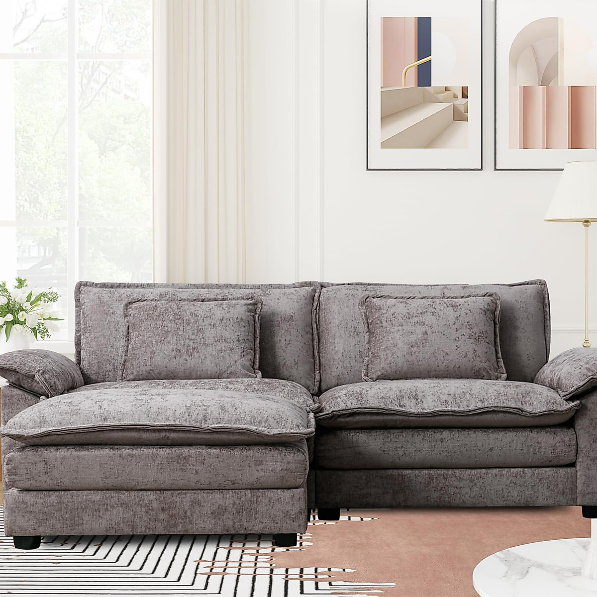 OQQOEE Sectional Sofa Cloud Sofa Couch with Ottoman,Modern Chenille Sofa Sleeper,Comfy Deep Seat Loveseat Sofa with Pillows for Living Room, Apartment (Chenille Grey, 2-Seater)