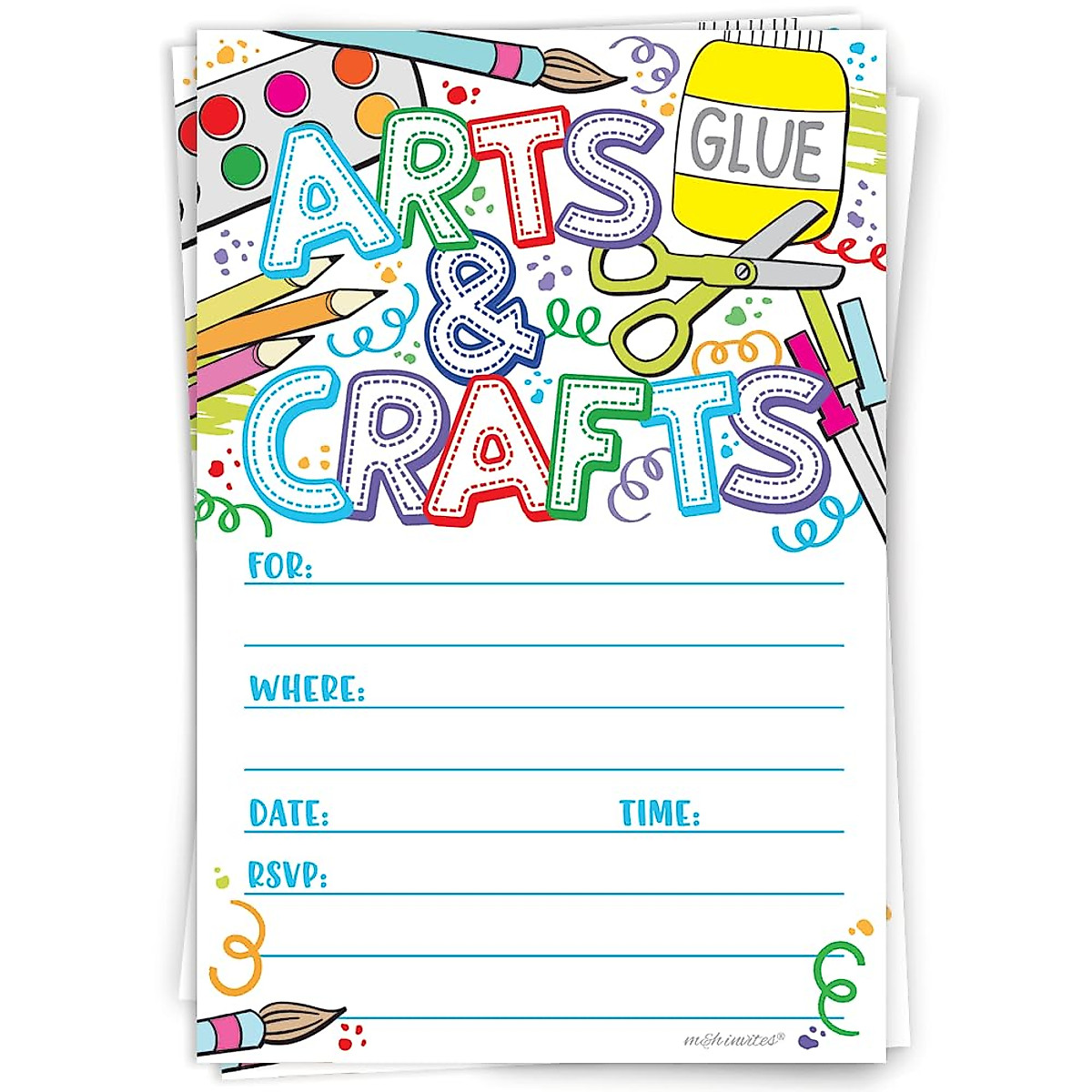 Arts & Crafts Invitations - Art Birthday Party - 4x6 Invites (20 Count) With Envelopes - Craft Party, Art Party or Paining Party Invitations