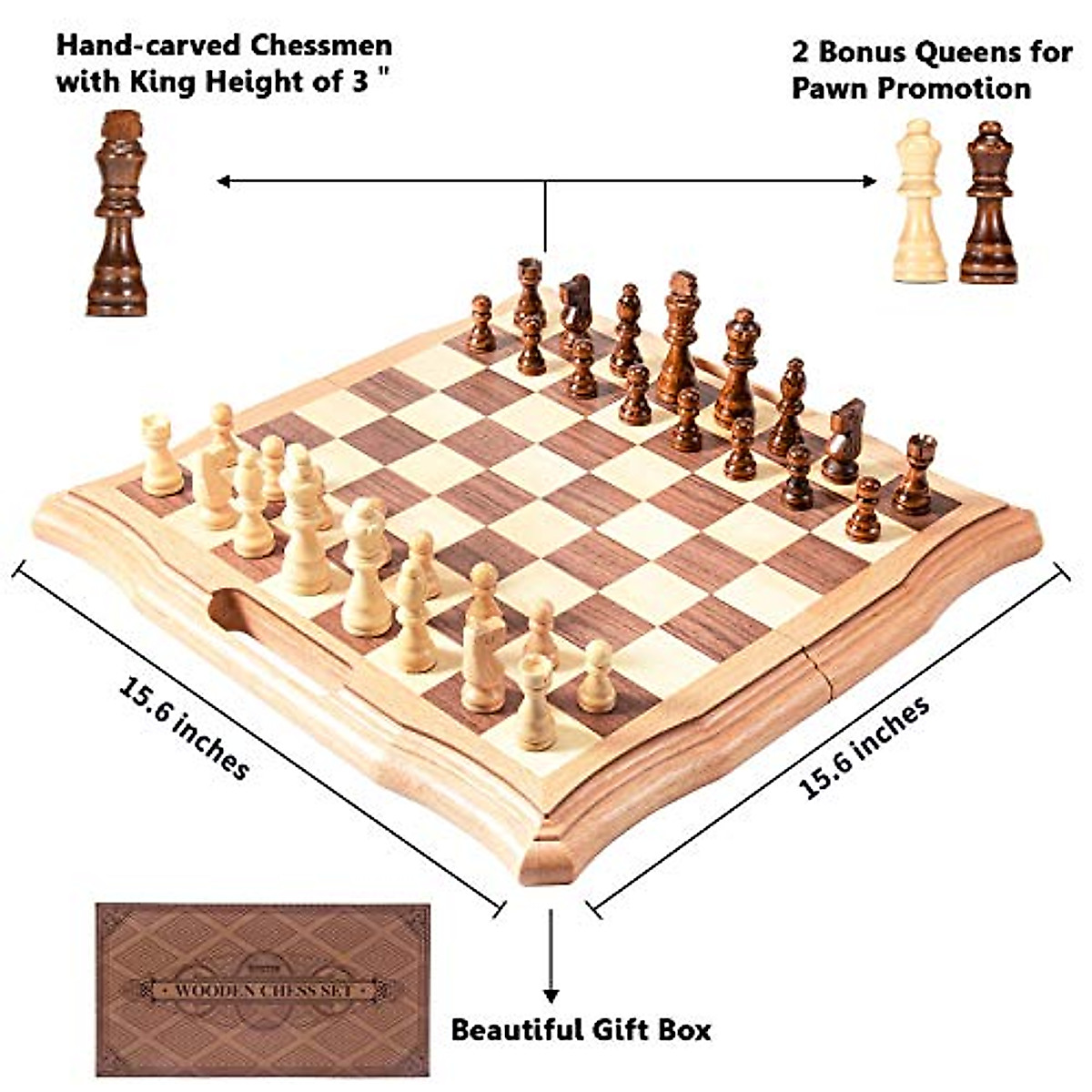 AMEROUS 15.6 inches Magnetic Wooden Chess Set, Handheld Style Chess Board Game Sets with Game Pieces Storage Slots - 2 Extra Queens - Gift Package, Chess for Beginner, Kids and Adults