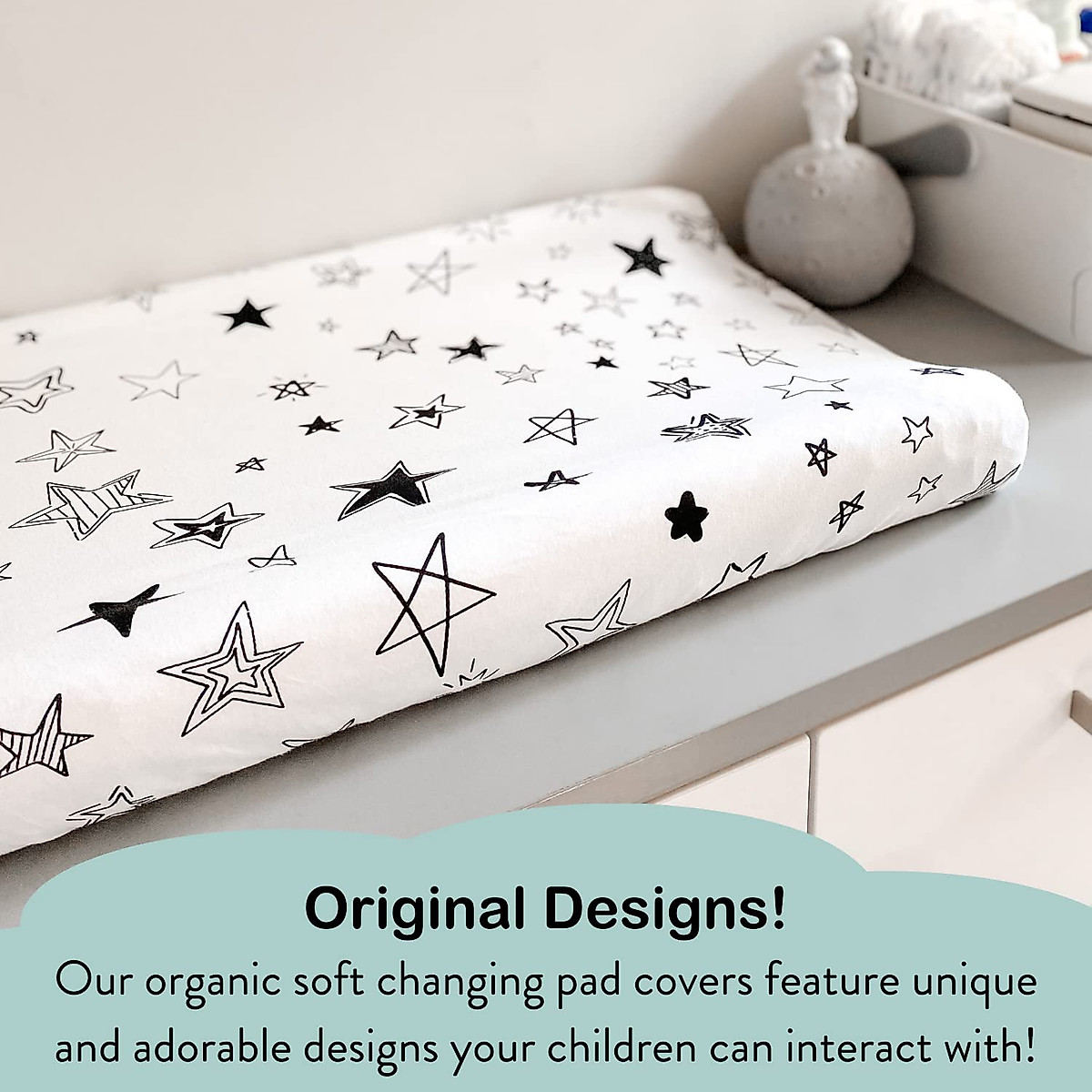 Norani Baby Changing Pad Cover | Softest Organic Cotton | Diaper Changing Pad Cover | Fitted | Infant and Toddler | Black and White Stars