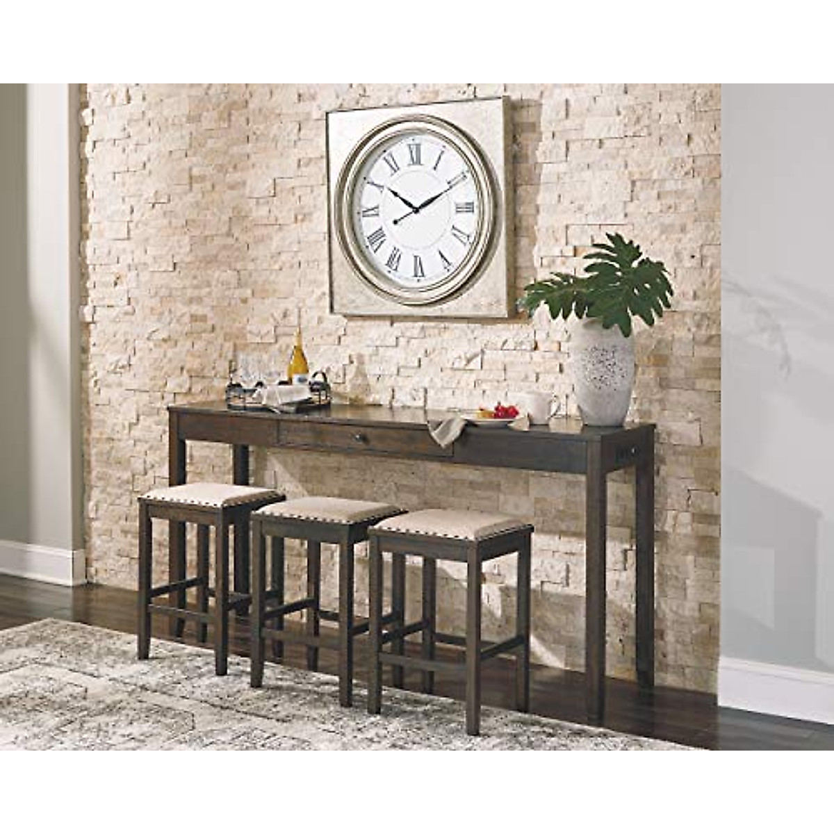 Signature Design by Ashley Rokane Urban Farmhouse Counter Height Dining Room Table Set with 3 Bar Stools, Brown