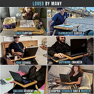 Foldable Laptop Bed Desk with Mouse Pad, Adjustable Folding Bamboo Tray Lap Stand Table for Work Breakfast College Students - Fits up to 17 Inch Laptops