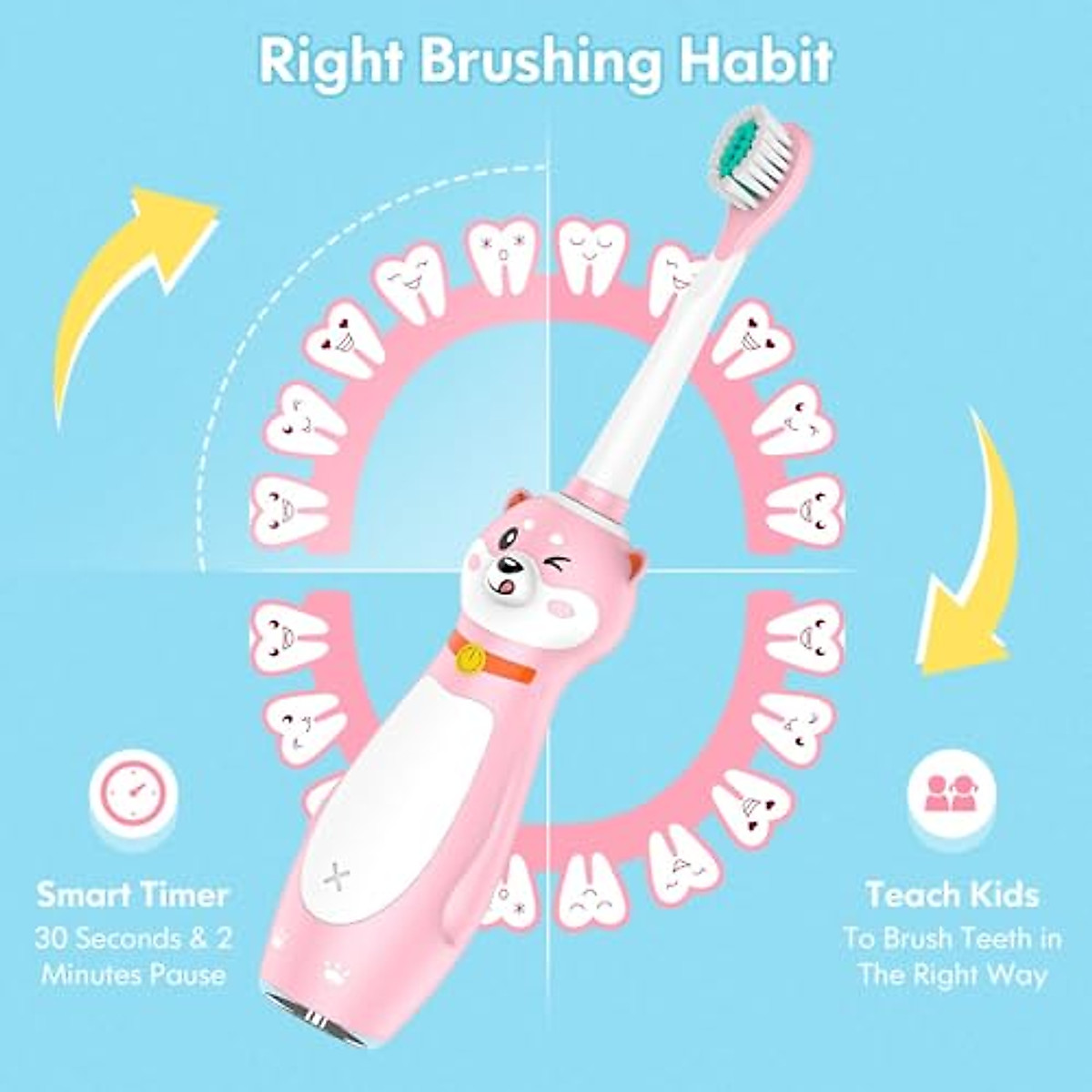 DADA-TECH Kids Electric Toothbrush Rechargeable, Sonic Silicone Teeth Brush with Timer for Children Boys Girls Ages 3+, 3 Modes with Memory, 4 Soft Brush Heads (Pink Shiba Inu Dog)