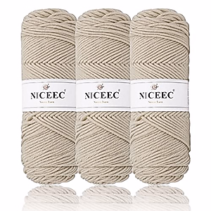 NICEEC 3 Skeins Soft Yarn 100% Acrylic Yarn 8 Ply Yarn Beige Yarn for Crochet Knitting Light Worsted Yarn Blanket Yarn for DIY Craft Total Length 3×135 yds/3×100g-Beige