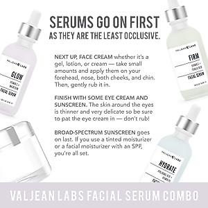 Valjean Labs Facial Serum, Combo Pack of Hydrate, Glow, and Firm | Supercharged, Targeted Skincare Ingredients | Paraben Free, Cruelty Free, Made in USA (1oz Bottles)