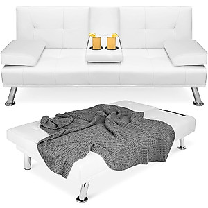 Convertible Folding Futon Sofa Bed with Metal Legs & 2 Cupholders, Modern Fabric Linen Upholstered Couch Loveseat Sleeper, Folding Couches Bed, Removable Armrests for for Small Spaces (White)