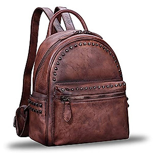 Genuine Leather Backpack for Women Vintage Fashion Bookbag Handmade Casual Satchel (Coffee) Medium