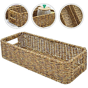 BESTonZON Plastic Woven Storage Basket Rattan Kitchen Cutlery Holder Stand Silverware Basket Kitchen Utensil Drawer Organizer Farmhouse Serving Basket for Kitchen Office