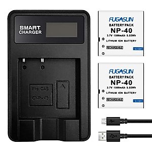 2 pcs 1500 mAh NP-40 Battery with LCD Single NP-40 NP40 Battery Charger for Casio NP-40, Exilim EX-Z600, Z700, Z750, Z1000, Z1050, Z1080