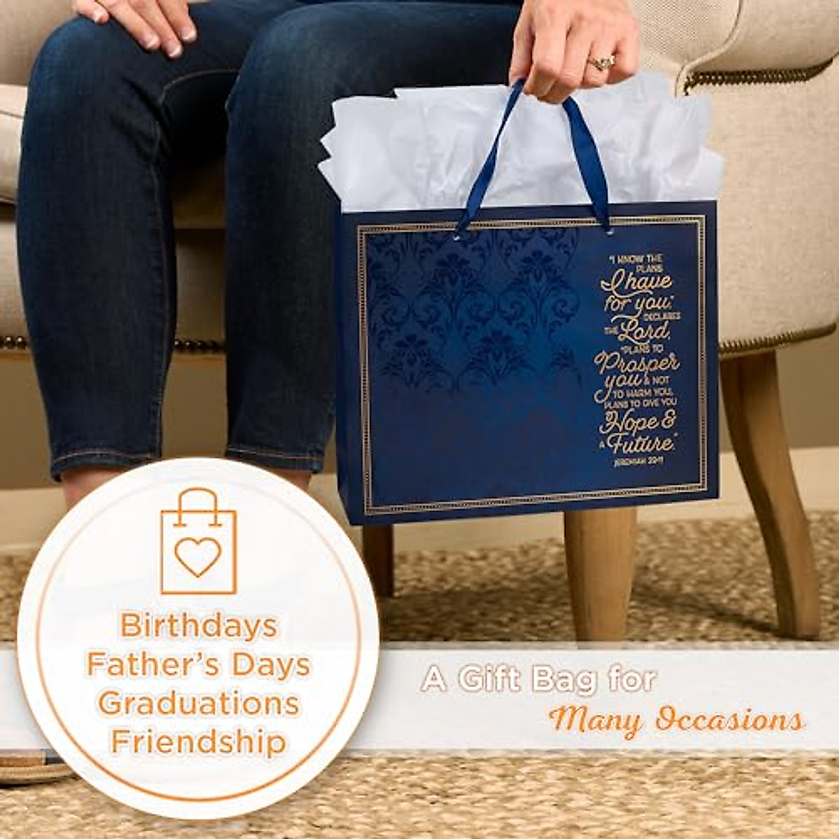 Christian Art Gifts Decorative Landscape Gift Bag w/Card & Tissue Paper Set for Men, Women & Grads: I Know the Plans - Jeremiah 29:11 Inspirational Bible Verse for Graduations, Navy Blue w/Gold, Large