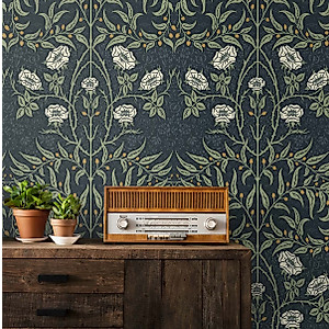 NextWall Stenciled Floral Peel and Stick Wallpaper (Navy & Sage)