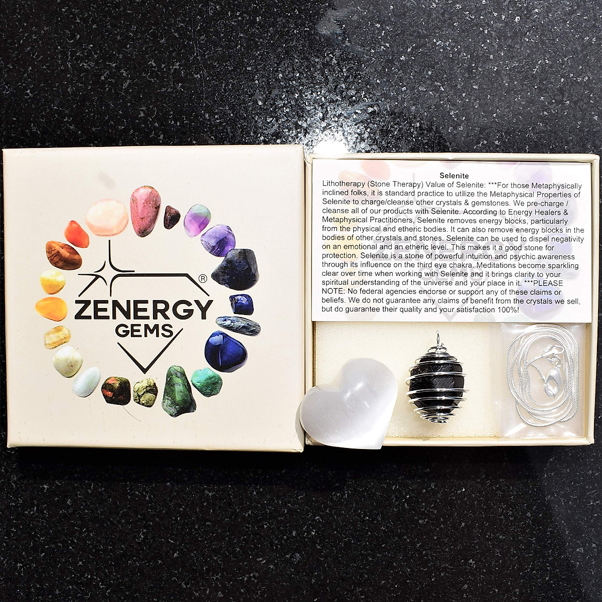 Zenergy Gems Charged Natural Almandine Garnet Hexoctahedral Crystal Pendant + 20" Silver Plated Chain + Selenite Charging Heart [Included]